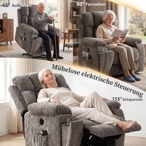 HOMCOM Relaxační křeslo, televizní křeslo s pomocí při vstávání, masáž a teplo, křeslo pro seniory se širokým a hlubokým sedákem, USB připojení