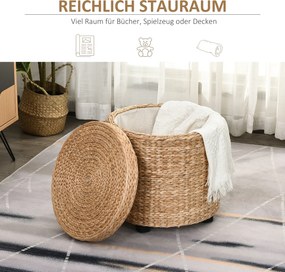 HOMCOM Taburet s úložným prostorem Taburet na nohy s úložným boxem, odnímatelné víko, slaměný ratan, khaki, Ø43x43cm| Aosom
