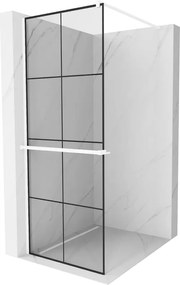 Mexen Kioto+, sprchová zástěna Walk-In s poličkou a věšákem 70 x 200 cm, 8mm čiré sklo černý vzor, ​​bílý profil, 800-070-121-20-77