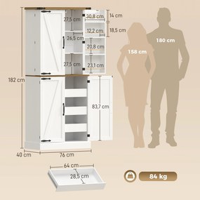 HOMCOM Vysoká kuchyňská skříň, kuchyňská skříň, 4 dveře, 3 zásuvky, 8 držáků na koření a nastavitelné police, 76x40x182 cm, bílá