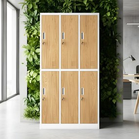 Plechová šatní skříň s 6 boxy IGOR, 900 x 1850 x 450 mm, Eco Design: bílá/ dub sonoma