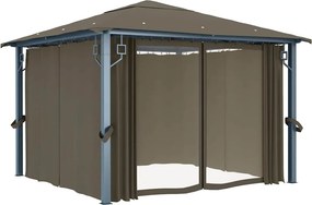 Altán se závěsy a světelnými LED řetězy 3 x 3 m taupe hliník 3070334