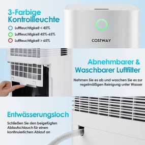 Costway 15㎡ Odvlhčovač 15 L Odvlhčovač se 3 režimy Mobilní odvlhčovač, bílý