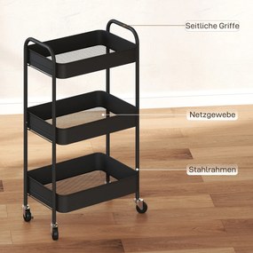 HOMCOM 3patrový pojízdný vozík se síťovanými koši, kolečky, držadly a háčky – černá ocel