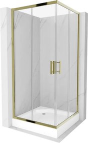 Mexen Rio, čtvercový sprchový kout s posuvnými dveřmi 90 (dveře) x 90 (dveře) x 190 cm, 5mm čiré sklo, zlatý profil + bílá sprchová vanička RIO, 860-090-090-50-00-4510