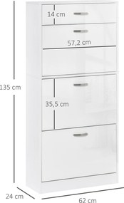 HOMCOM Skříň na boty - 3 skládací dveře a posuvná zásuvka - rozměry 62Š x 24H x 135V cm - hliníkové úchyty. Dřevotříska Bílá
