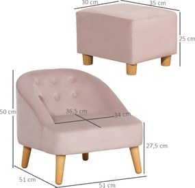 Dětské křeslo HOMCOM s otománem pro děti od 3 do 5 let, roztomilý design, sametový vzhled, 51 x 50 cm, růžová