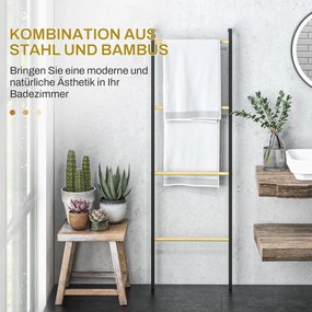 HOMCOM Žebřík na ručníky 49 x 167,5 cm Držák na ručníky se 4 tyčemi šetřící místo na ručníky oblečení deky noviny z oceli Černá | Aosom.de