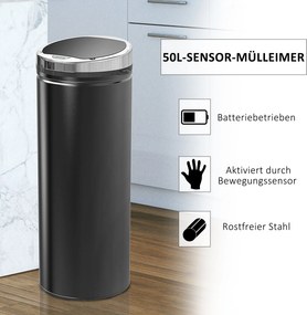HOMCOM Senzorový odpadkový koš 50 l, automatický odpadkový koš, nerezový kuchyňský koš, infračervený senzor, černý, nerez