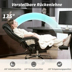 HOMCOM Ergonomická kancelářská židle s masážní funkcí, kancelářská židle s opěrkou nohou, černá umělá kůže