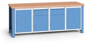 Dílenský stůl KOVONA, 4 závěsné skříňky a 2 zásuvky na nářadí, buková spárovka, pevné nohy, 2100 mm
