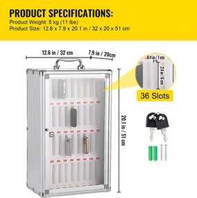 E-CrossStu GmbH​  Skříňka na mobilní telefony, 36 přihrádek, skříňka ze slitiny hliníku se zámkem na klíč a ručně psanými štítky, nástěnná, pro třídu, kancelář, tělocvičnu VEVOX 25G