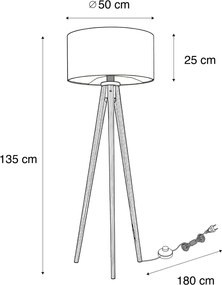 Stojací lampa ořechové dřevo s černým stínidlem se zlatým vnitřkem 50 cm - Tripod Classic
