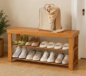 botník, sedací, 3 patra, bambus, 41x80x25 cm, hnědá, Dekorino BB20260029
