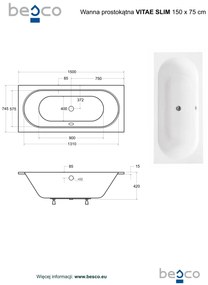 BESCO Obdélníková vana VITAE SLIM Nožičky k vaně - S nožičkami, Rozměr vany - 150 × 75 cm - VANVITAE150SLIM+OLVPINOZ