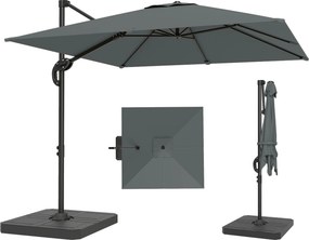 Outsunny hliníkový boční slunečník Ø244 cm s klikou, náplňovými zátěžemi, voděodolný, otočný 360°, nastavitelný – tmavě šedý | Aosom