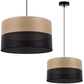 Závěsné svítidlo Wood, 1x dýha zlatý dub/černé plastové stínítko, (fi 35cm)