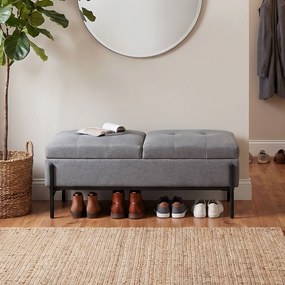 HOMCOM úložná lavice, lněný taburet s 2 přihrádkami, víky na pantech a extra polstrováním, sedadlo s knoflíkovým prošitím — (117 x 50 x 44 cm), šedá