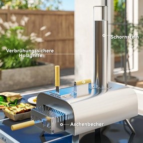 Venkovní pec na pizzu, přenosná pec na pizzu s kamenem na pizzu a lopatou, sklopné nohy, komín, nerezová ocel