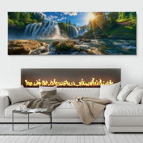Obraz na plátně - Lesní vodopády se západem slunce FeelHappy.cz Velikost obrazu: 240 x 80 cm
