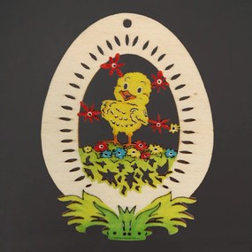 AMADEA Dřevěná dekorace vajíčko kuře s květinami, velikost 9 cm, český výrobek