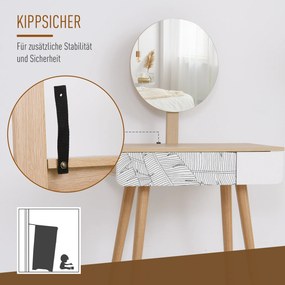 HOMCOM Toaletní stolek s kulatým zrcadlem Ф39cm, Toaletní stolek se zásuvkou s dekorací džungle, Bílý a dubový, 70x39x119-128cm