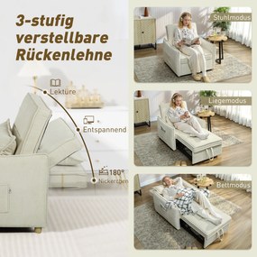 HOMCOM rozkládací křeslo 3v1 – sklápěcí do 180°, široké sedadlo, chenille, krémové