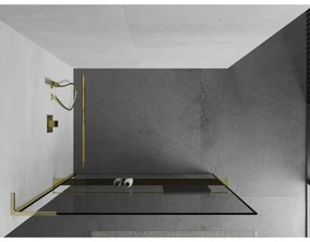 Mexen Kioto+ L, sprchová zástěna Walk-In s poličkou a věšákem 90 x 200 cm, 8mm čiré sklo černý vzor, ​​zlatý lesklý profil, 800-090-123-50-70