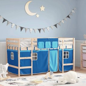 vidaXL Dětská patrová postel se závěsy 90x190 cm borovice [3206979] Barva: Přírodní a modrá