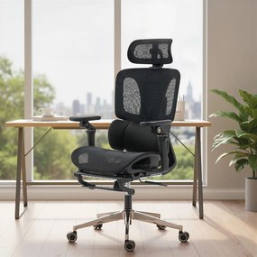 HOMCOM ergonomická kancelářská židle — nastavitelná bederní opora a opěrka hlavy, 5D područky, dělené opěradlo, výsuvná opěrka nohou, výškově nastavi…