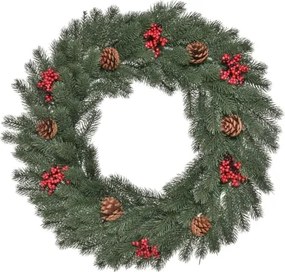 HOMCOM vánoční věnec 60 cm, věnec na dveře s 40 LED, šišky, červené bobule, umělý vánoční věnec, Vánoce, adventní věnec, věnce na vstupní dveře pro v…
