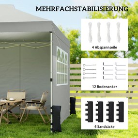 Pavilon cca 3x3 m Voděodolný Výškově nastavitelný skládací pavilon se 3 bočními stěnami Větrání oknem, UV 50+ Světle šedý