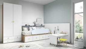 13mood - Dětský pokoj s postelí se 4 zásuvkami, šatní skříní a stolečkem na kolečkách