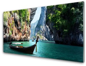 akrylový obraz Loď Jezero Skály Krajina 125x50 cm