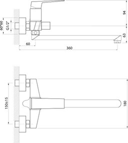 Aqualine Aqualine, RITMO nástěnná umyvadlová/vanová baterie, rozteč 150mm, chrom, RT015