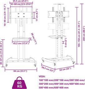 vidaXL TV stojan na kolečkách 32"–70" Max VESA 600 x 400 mm 60 kg [379578]