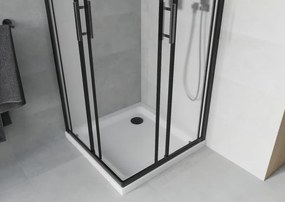 Mexen Rio, sprchový kout s posuvnými dveřmi 90x90x190 cm, 5mm sklo námraza, černý profil + bílá sprchová vanička SLIM, 860-090-090-70-30-4010B