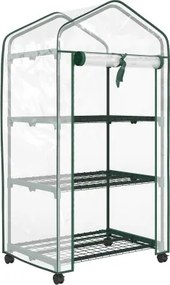 Outsunny mini skleník se 3 policemi, PVC plachta vysoké hustoty, rolovací dveře, 4 kolečka, 69 x 49 x 130 cm, průhledný