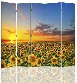 Ozdobný paraván, Krajina se slunečnicemi - 180x170 cm, pětidílný, obustranný paraván 360°