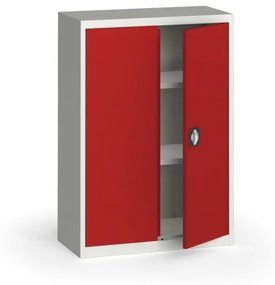 Plechová policová skříň na nářadí KOVONA, 1150 x 800 x 400 mm, 2 police, šedá/červená