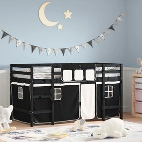 Dětská patrová postel se závěsy bílá a černá 90x200 cm borovice