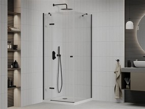 Mexen Roma, sprchový kout s 1-křídlými dveřmi 100 (dveře) x 100 (stěna) cm, 6mm čiré sklo, černý profil, slim sprchová vanička 5cm bílá s černým sifonem, 854-100-100-70-00-4010