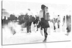 Obraz siluety lidí ve velkoměstě v černobílém provedení - 60x40 cm