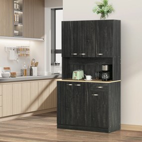 HOMCOM Moderní kuchyňská komoda s bufetem, 6 dveří, 1 zásuvka + Velký pracovní stůl 101L x 39W x 180H cm, černé dřevo