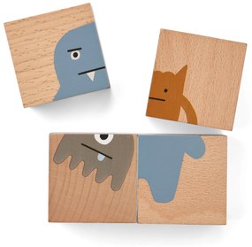 LIEWOOD Dřevěné kostky s obrázky Aage Puzzle Monster, modrá barva, šedá barva, hnědá barva, přírodní barva, dřevo