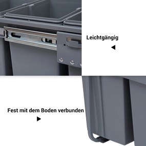 Mülleimer-Konstruktion mit 3 Abfalleimern zur Mülltrennung, Schienensystem, einbaubar, 3er-Set Müllbehälter, Grau