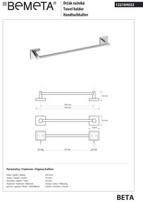 Bemeta Design BETA: Držák ručníků, 450 mm -