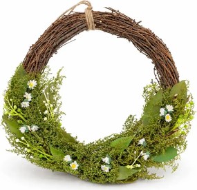 Velikonoční věnec na dveře 34 × 31 × 8 cm, proutí a zelené větvičky s drobnými kvítky, plast, venkovní