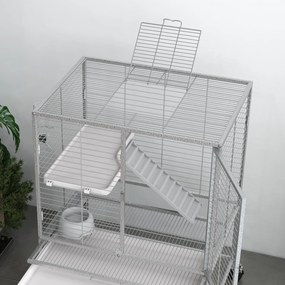 PawHut Klec pro malé zvířata na kolečkách, 2 úrovně, 2 dveře, 1 rampa, 1 odkládací police, miska, láhev - 61,5 x 44,5 x 86 cm, šedá