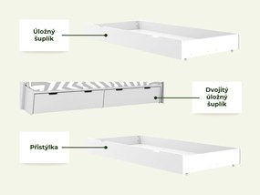 Bílá dětská patrová postel SIMONE s úložnými schody a policí 90x200 cm Zvolte šuplík: Úložný šuplík, Zvolte stranu: Vlevo